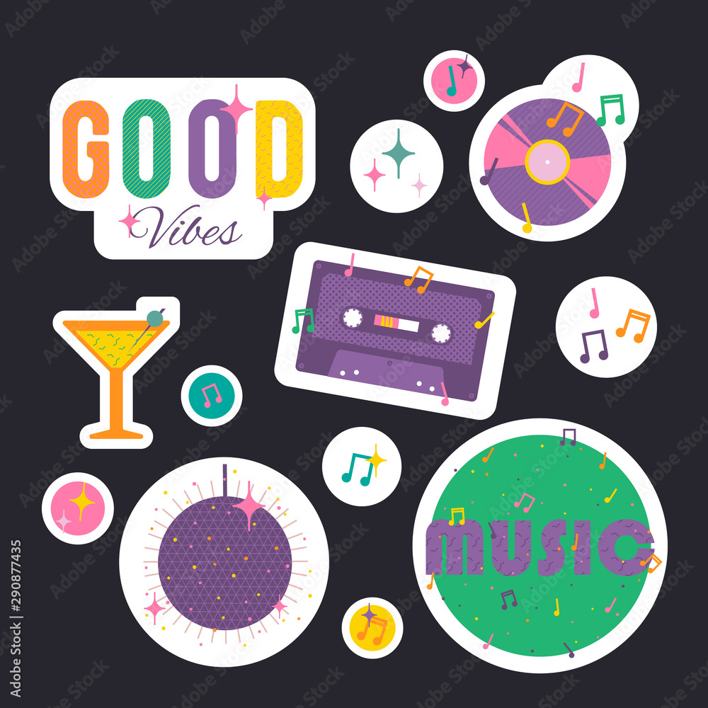 Bright set of 80s-90s style music elements. Music cassette, disco ball ...