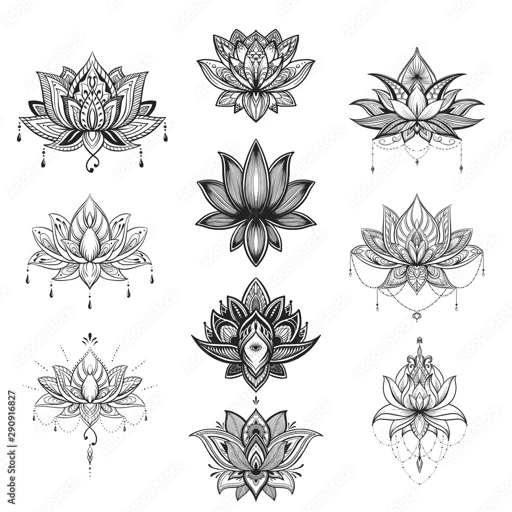 Filigree lotus flower set, vector handdrawn illustration Stock Vector ...