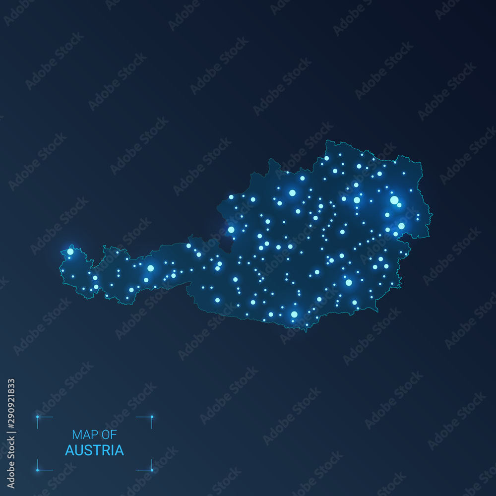 Austria map with cities. Luminous dots - neon lights on dark background ...