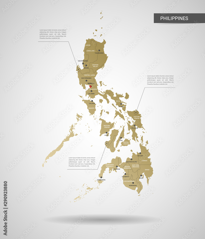 Stylized vector Philippines map. Infographic 3d gold map illustration ...