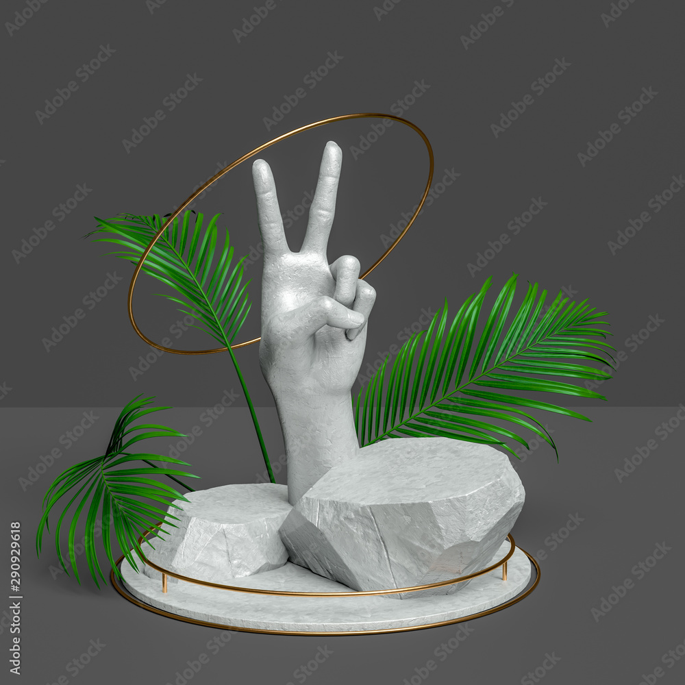 Stone hand victory gesture and podiums product display background ...