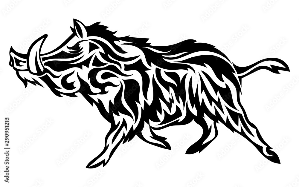 Running wild boar. Black and white vector illustration of a stylized ...