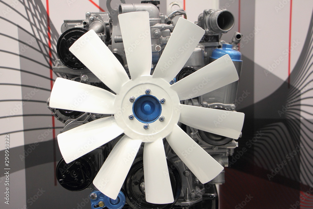 New industrial & truck engine motor with air propetter fan cooler close ...