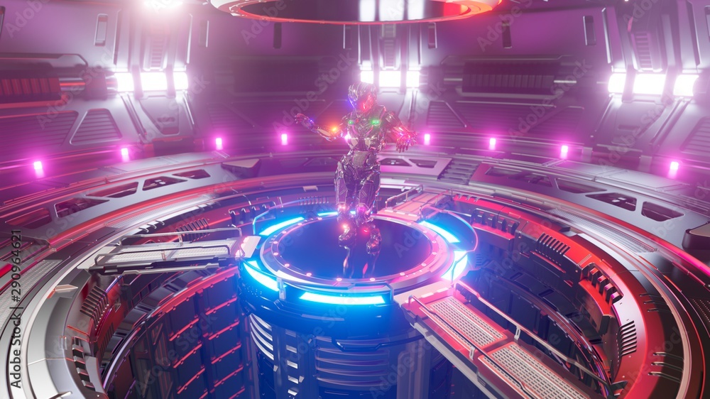 Beautiful cyber girl dancing and moving in neon cyber club. Sci-Fi ...