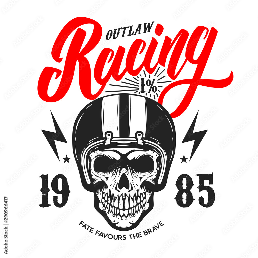 Outlaw racing. Emblem template with skull in racer helmet. Design ...
