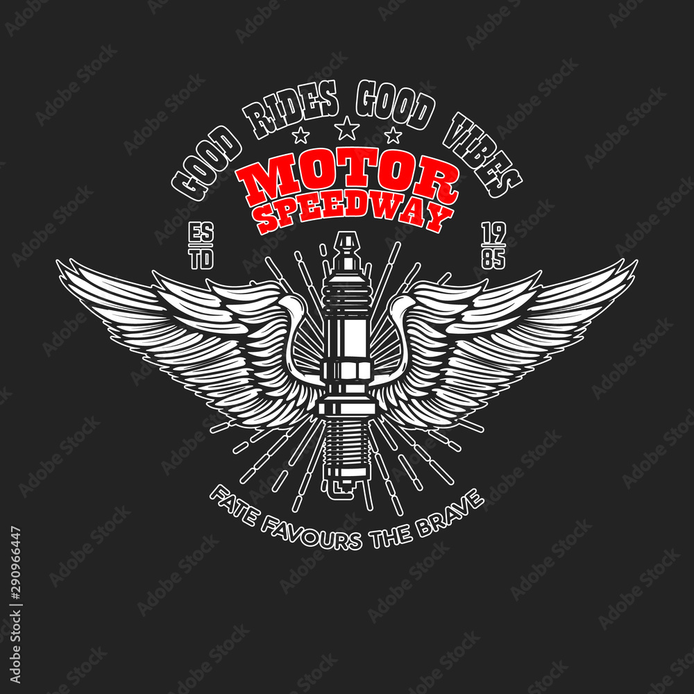 Motor speedway. Emblem template with winged electric spark plug. Design ...
