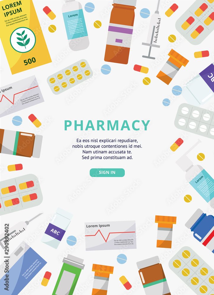 Pharmacy poster template with pills, sprays and other medicine objects ...