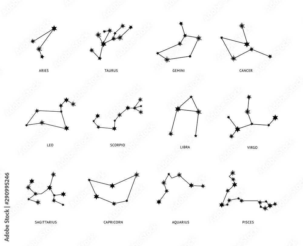 Twelve zodiac constellations vector illustration in sketch style ...