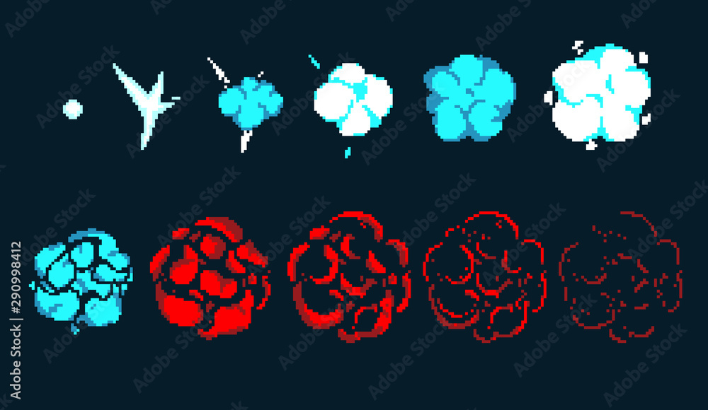 Pixel art explosion. Game icons set. Comic boom flame effects for ...