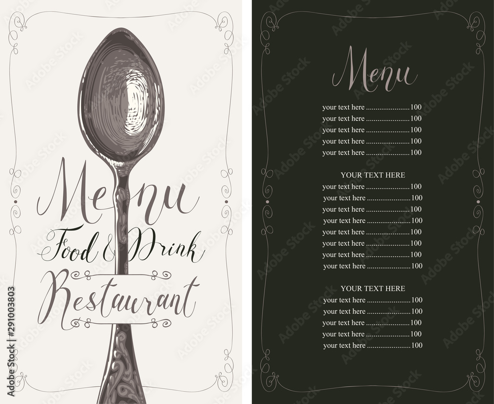 Vector template restaurant menu with price list, realistic spoon and ...