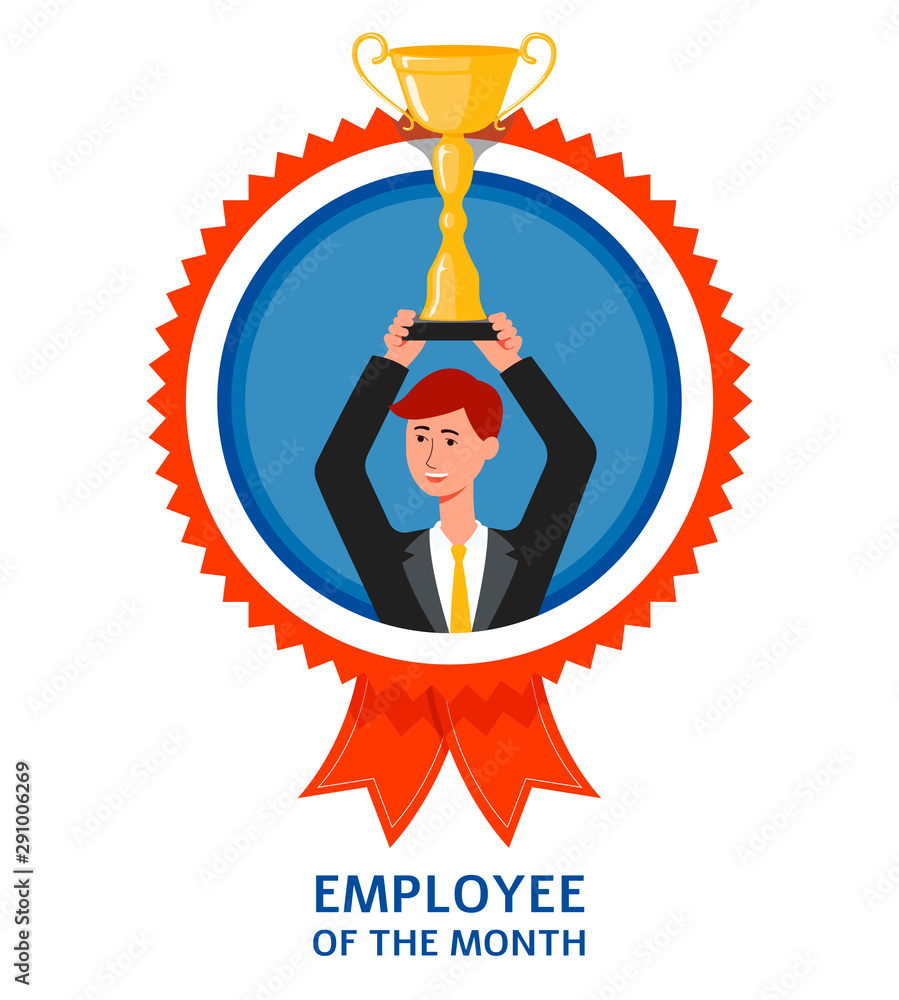 Employee of the Month mark with businessman flat vector illustration ...