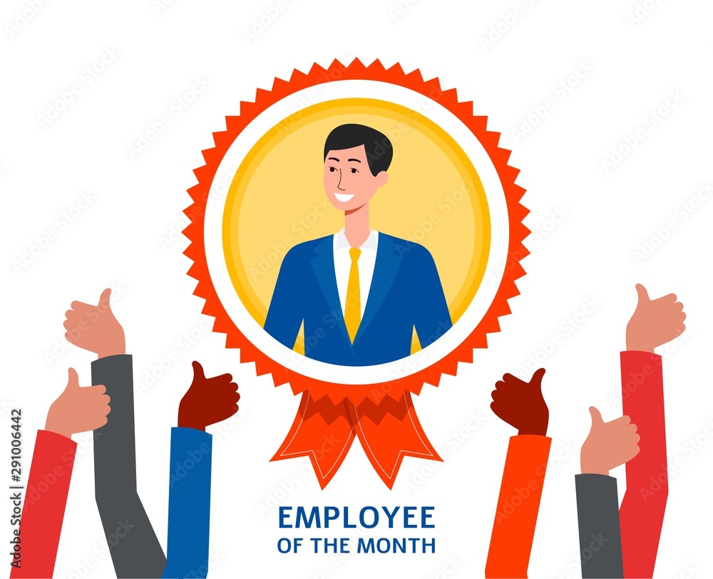 Employee of the month badge with cartoon businessman smiling Stock ...