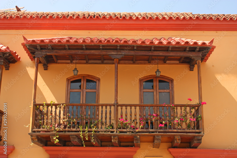 Detail of a colonial house. Typical balcony. Spanish colonial home ...