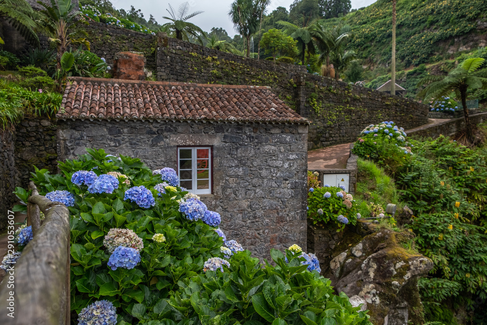 Azores, traditional landscape view of Ribeira dos Caldeirões Natural ...