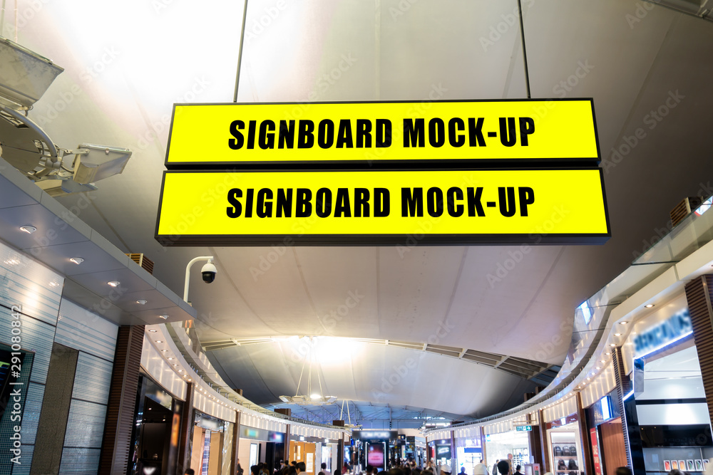 Two mock up signboard hanging from ceiling of hall Stock Photo | Adobe ...
