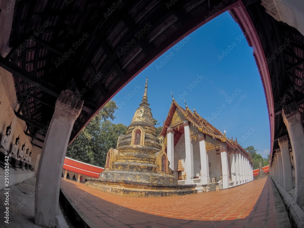 view under the roof of ancient Pagoda or Chedi wisth buddhist temple ...