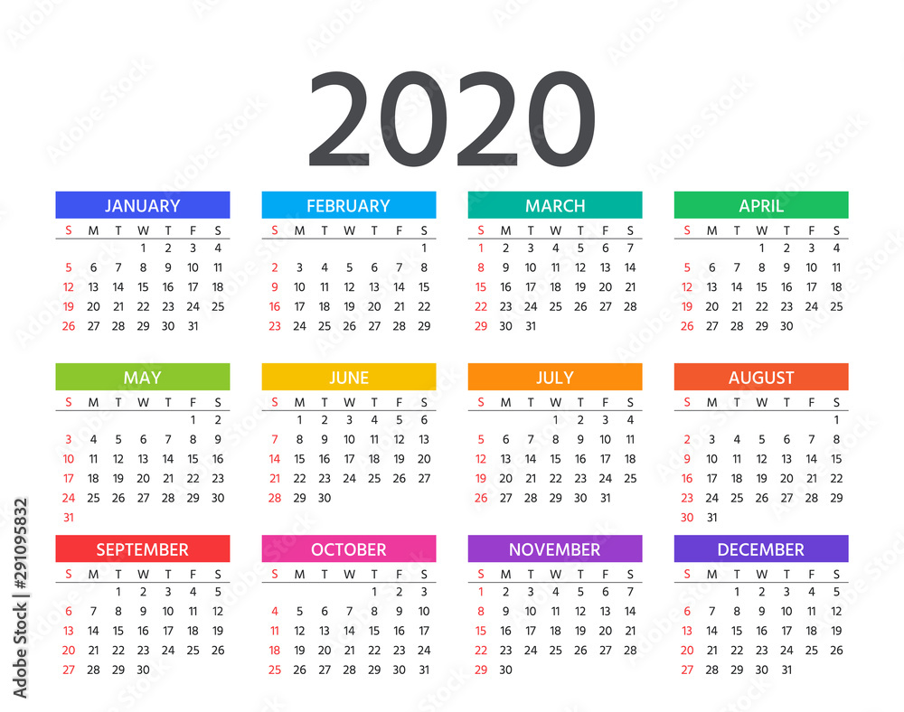 Calendar 2020 year. Week starts Sunday. Vector. Stationery template ...