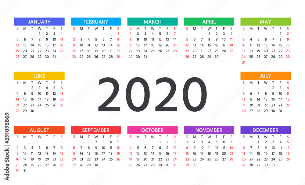 2020 Calendar. Week starts Sunday. Vector. Stationery year template ...