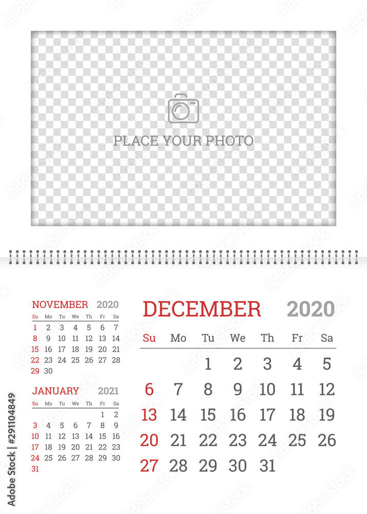 Wall calendar planner template for December 2020 year with place for ...