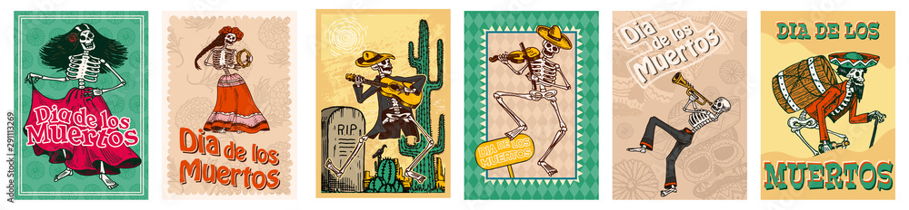 Day of the Dead Posters on a colored background. Skeletons dance and ...