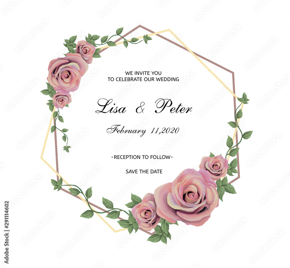 Wedding Invitation, floral invite card Design with Rose pink garden ...