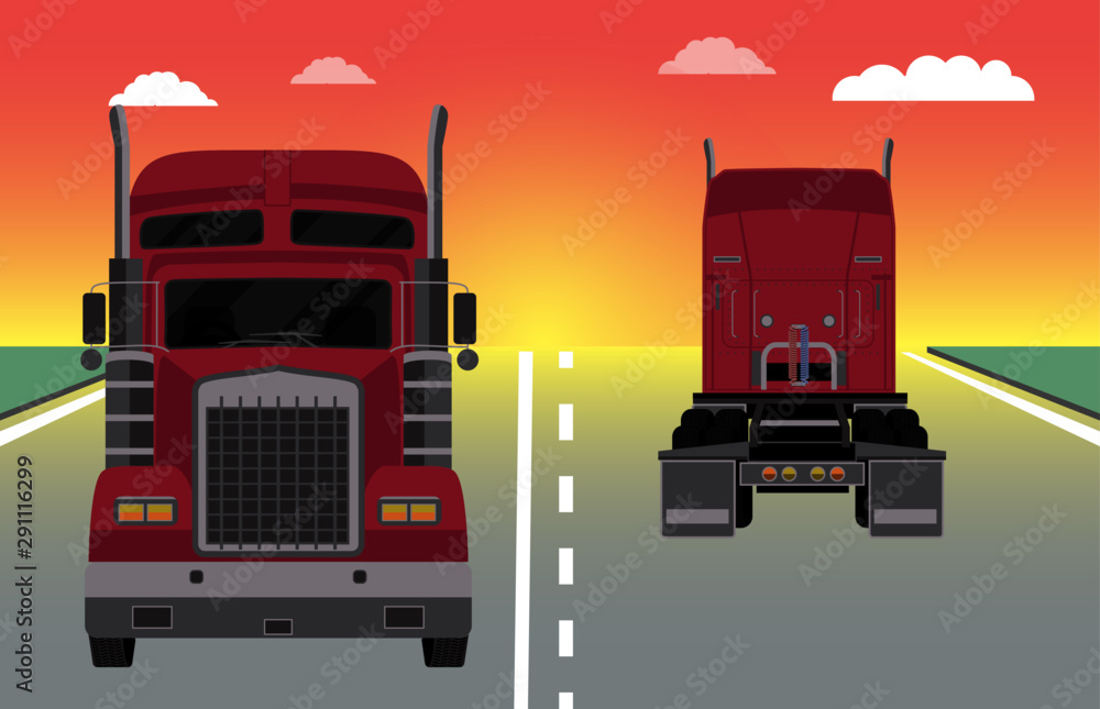 red american truck front and back view with sunset nature scene Stock ...