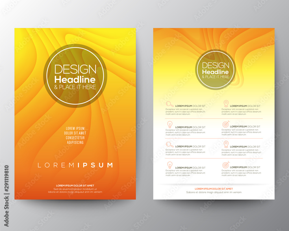 Yellow flyer design template. Minimal abstract curved wave shape on ...