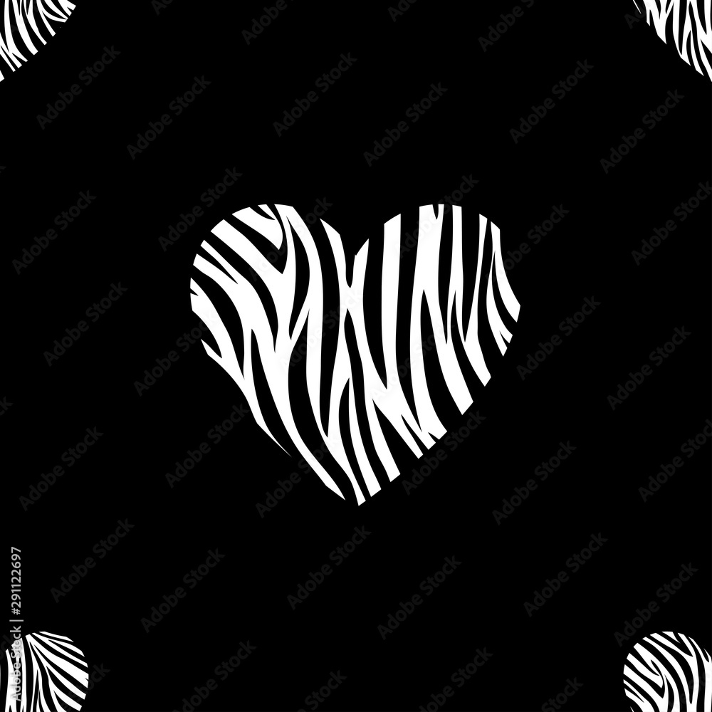 Seamless pattern of heart shape with animal skin in black and white ...
