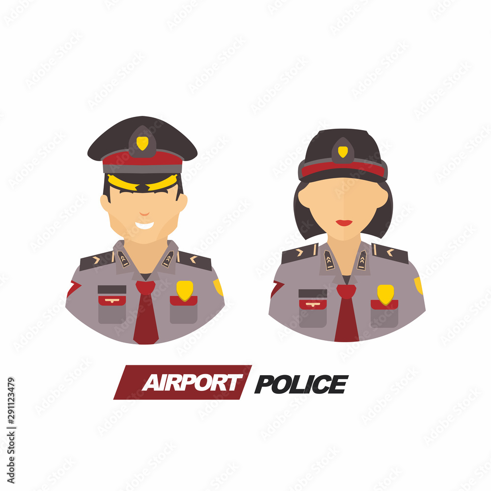 Set Illustration of two man and woman airport and plane police officer ...