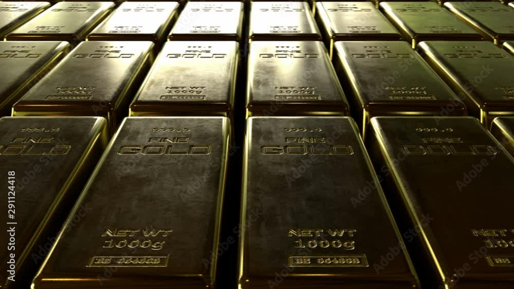 Close-up view of fine gold bars. Camera showing stack of fine gold bars ...