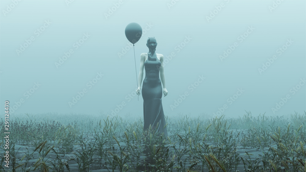 Black Futuristic Demon Woman With a Black Balloon In a Futuristic Haute ...