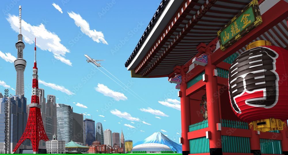 Tokyo cityscape and temples in 3d rendering Stock Illustration | Adobe ...