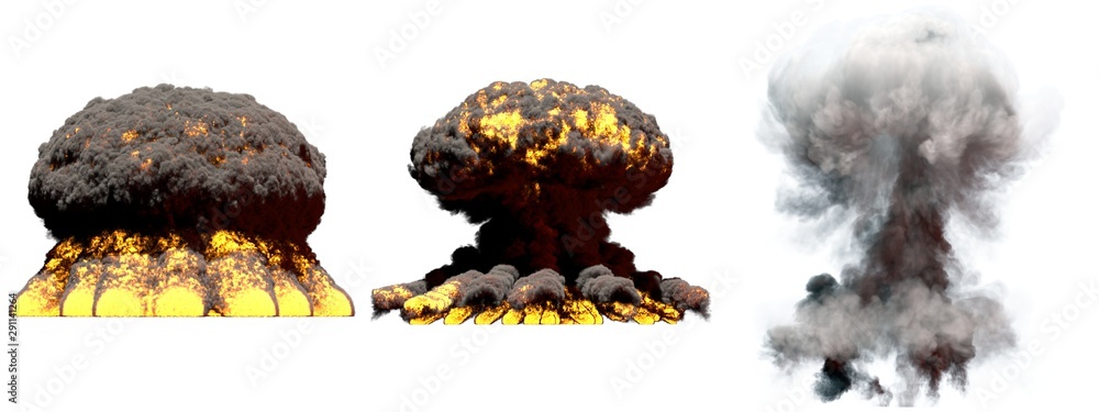 3D illustration of explosion - 3 huge different phases fire mushroom ...
