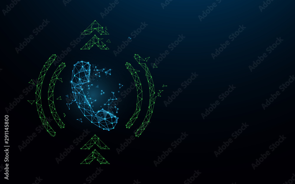 Answer call button phone icon from lines, triangles and particle style design. Vector ...