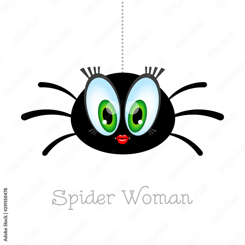 Cartoon spider woman with big green eyes on a white background. Vector ...
