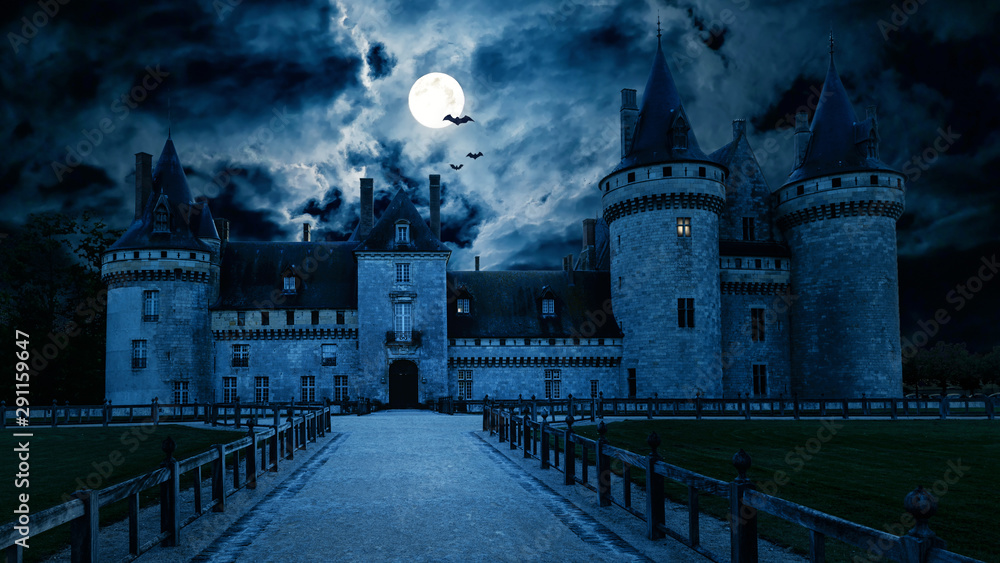 Haunted Gothic castle at night. Old spooky house in full moon. Creepy ...
