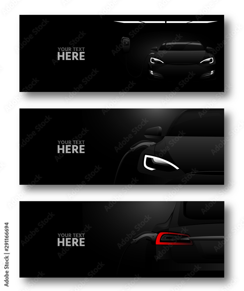 Black electric car with a charging station in the dark. Vector banner ...