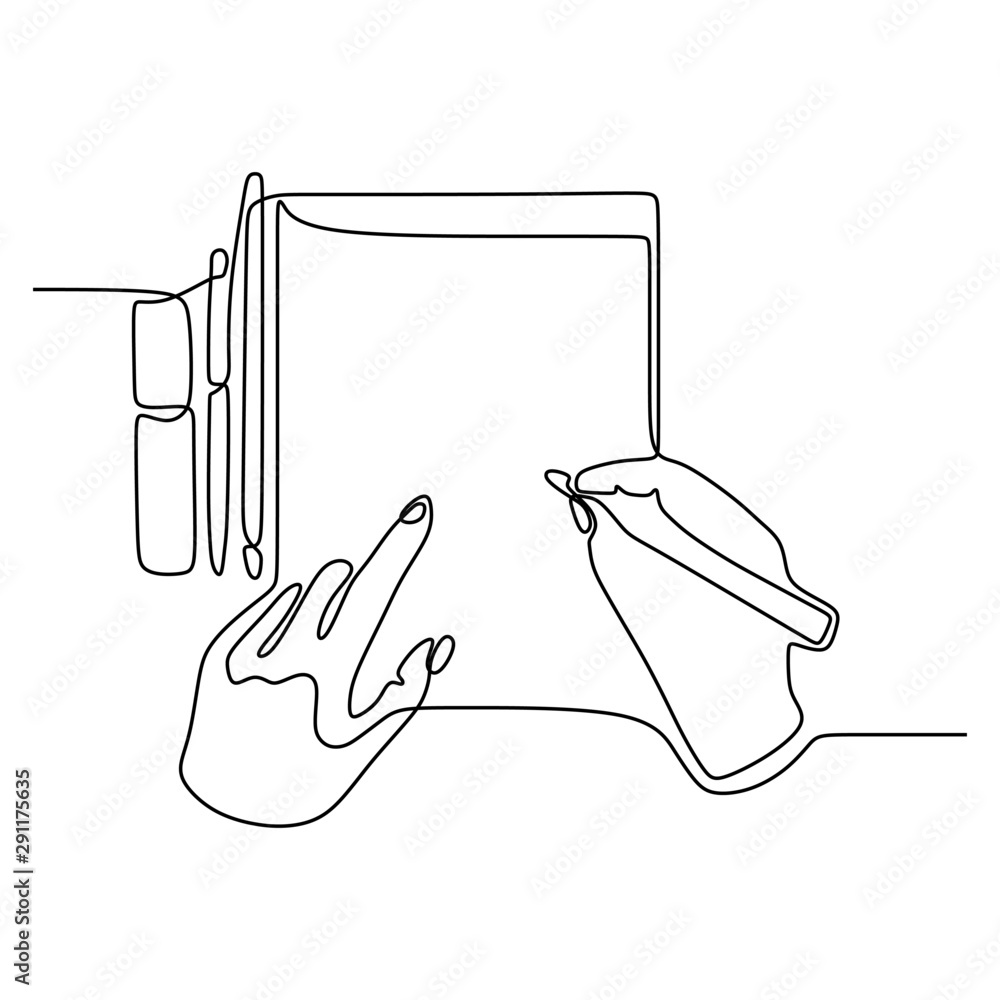 Continuous line drawing of hand writing with a pen on paper vector ...