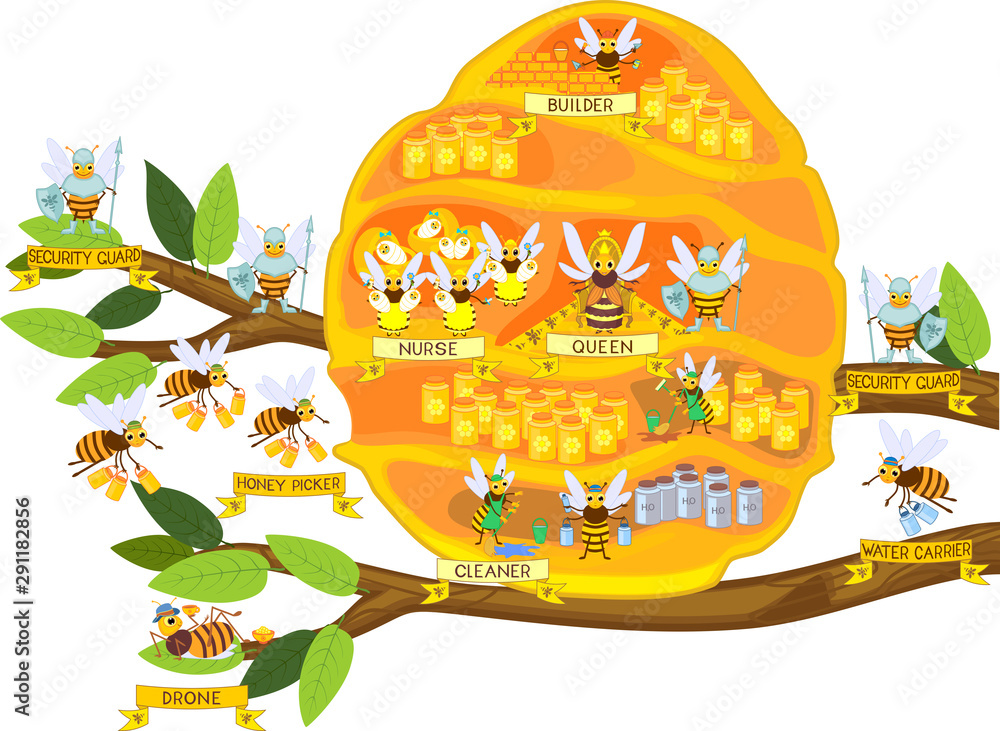 Yellow cartoon beehive on tree branch and honey bee family isolated on ...