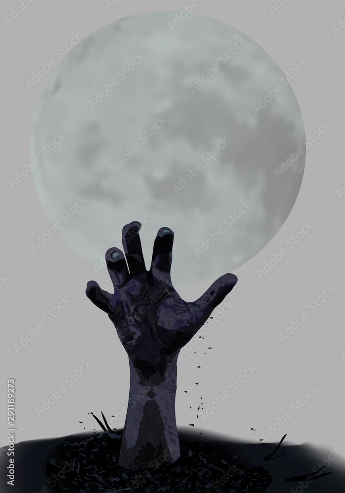 Zombie hand rising from the grave and full moon isolated on grey ...