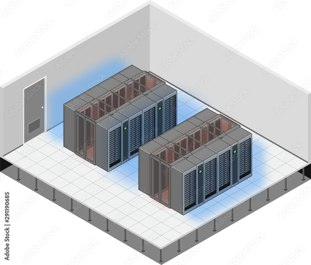 Illustration of a data center showing hot and cold aisles, with the hot ...