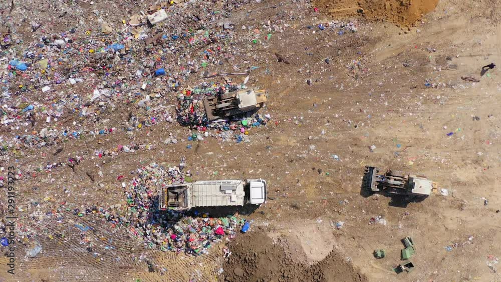Top down aerial footage of a Municipal Solid waste Landfill during ...