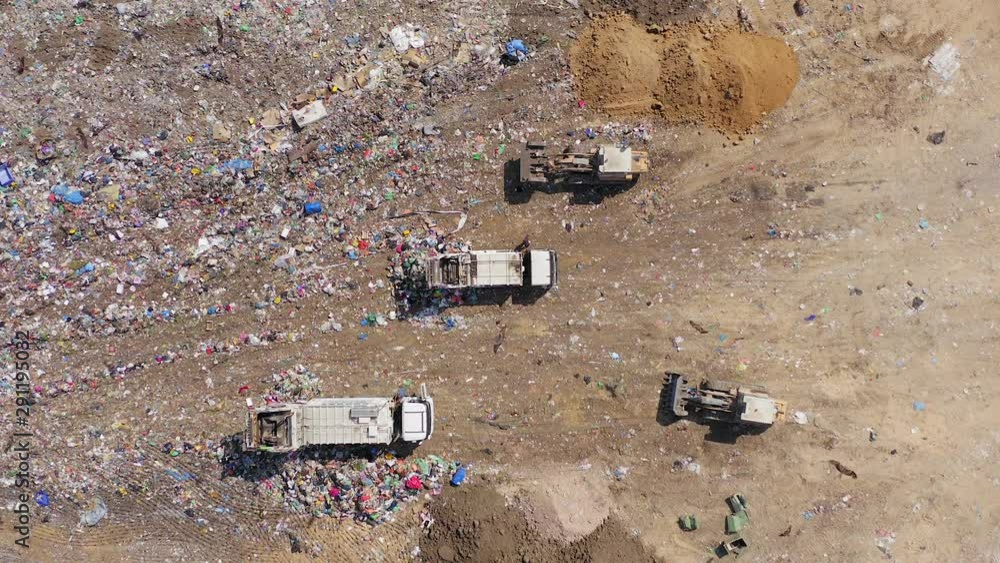 Top down aerial footage of a Municipal Solid waste Landfill during ...
