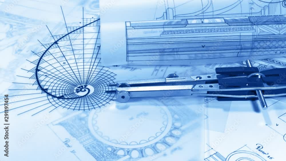 Video „Blueprints - rolls of architectural drawings, compass and ...