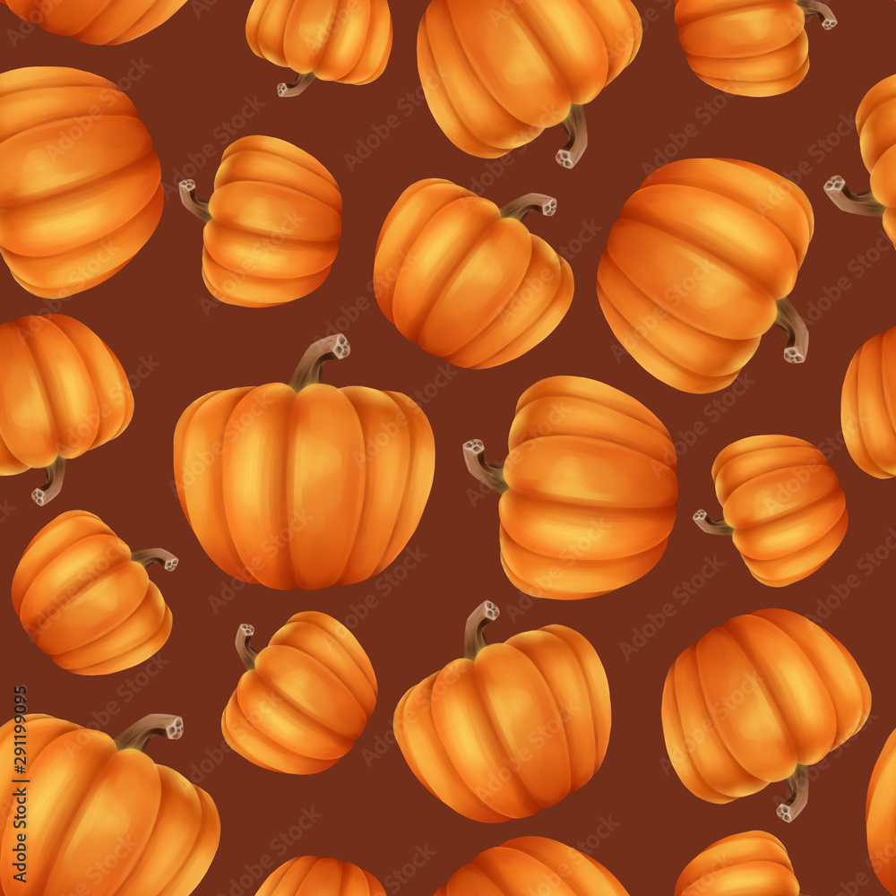Seamless pattern with painted pumpkins on a brown background ...