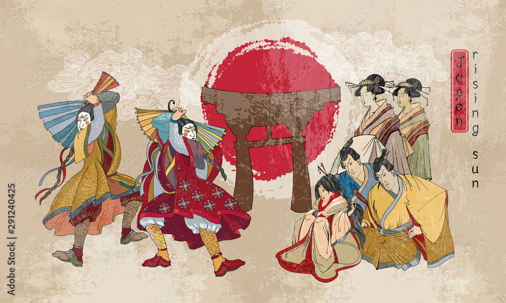 Japanese samurai and geishas. Ancient illustration. Classical engraving ...