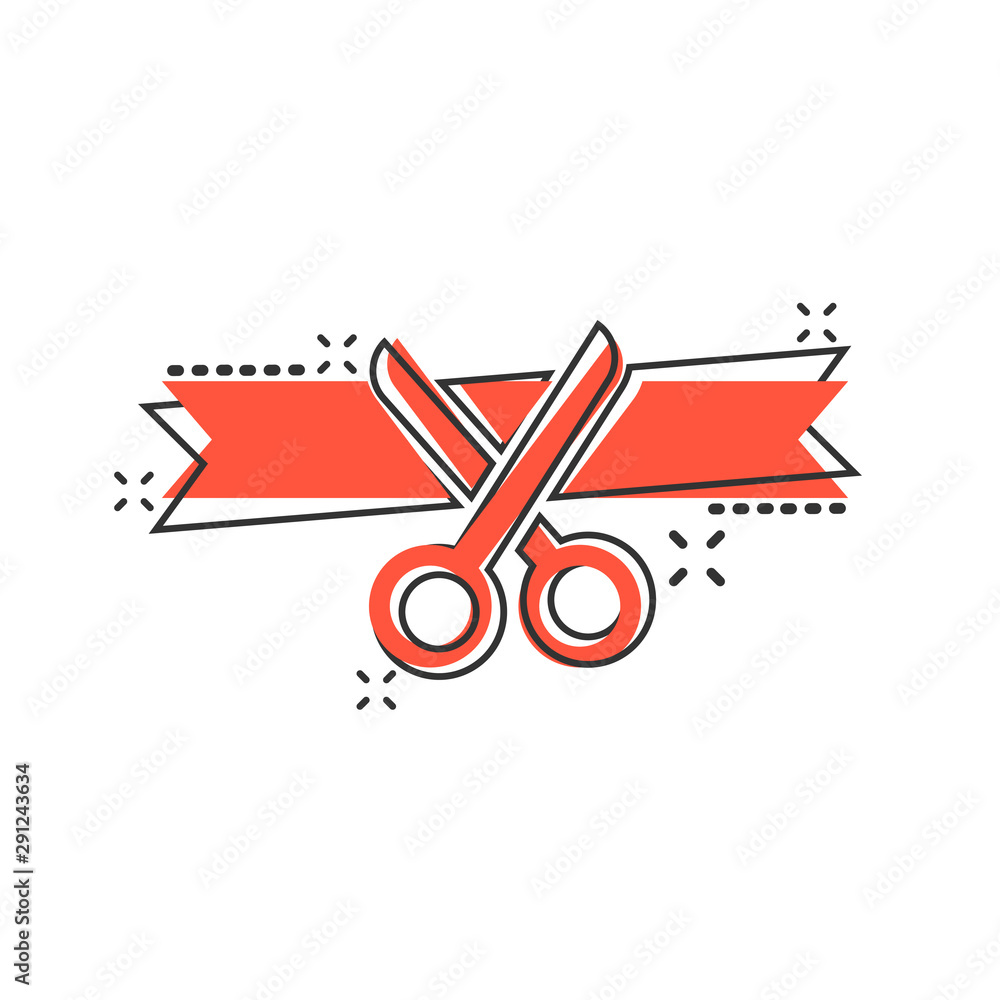 Scissors icon in comic style. Cutting ribbon vector cartoon ...