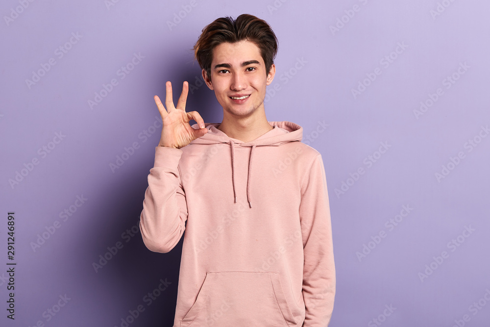 smiling excited handsome man showing OK sign with fingers, isolated on ...