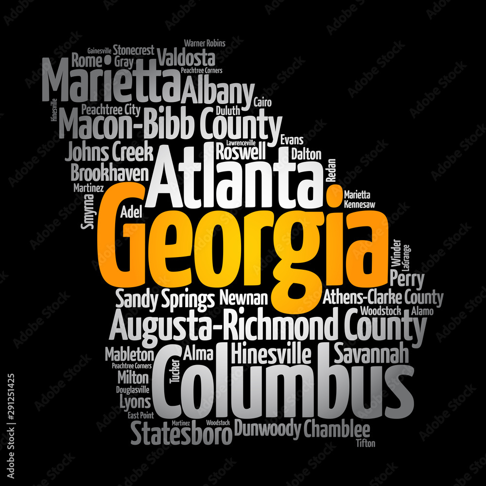 List of cities in Georgia USA state, map silhouette word cloud map ...