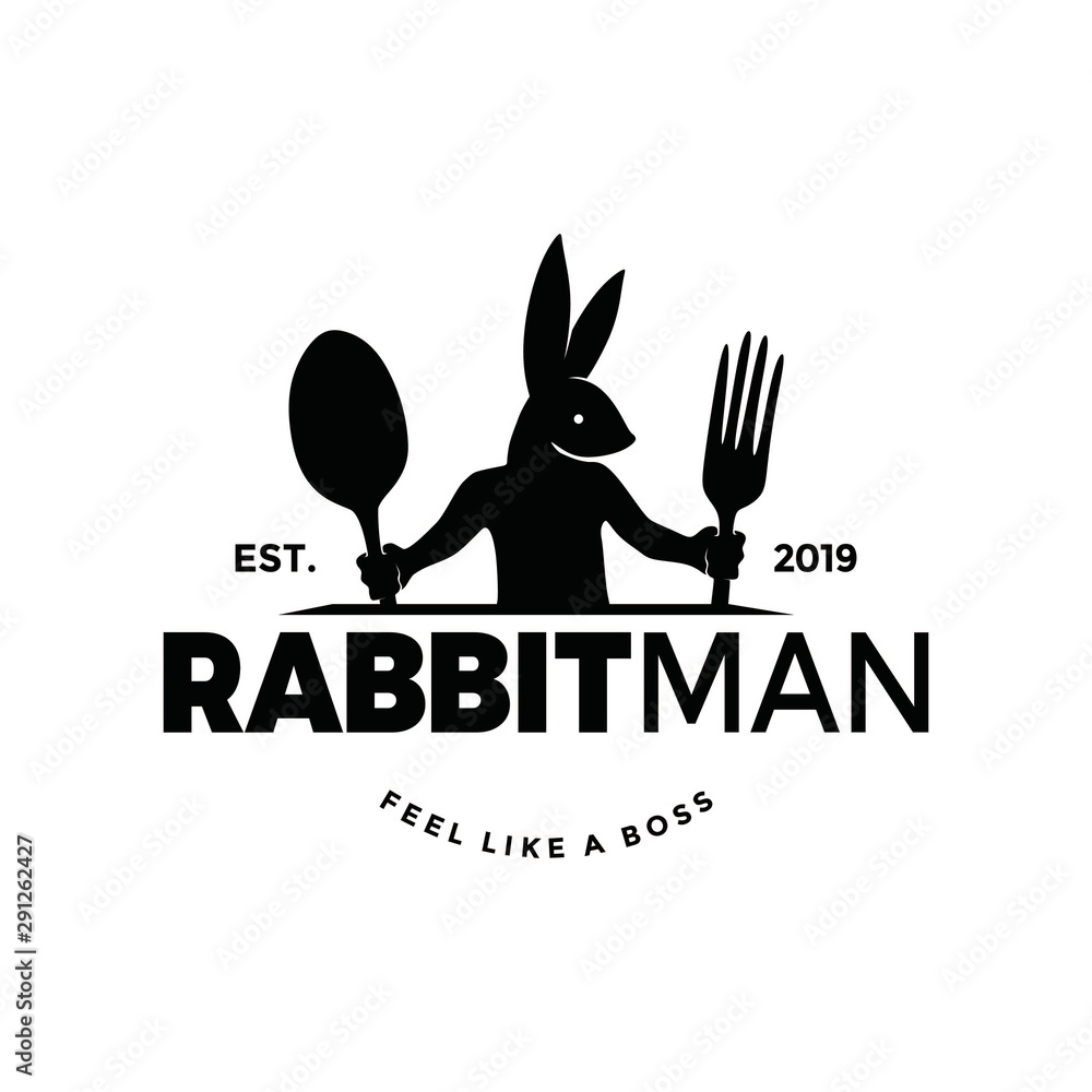 Animal rabbit man bring fork and spoon for eat. food lover logo icon ...